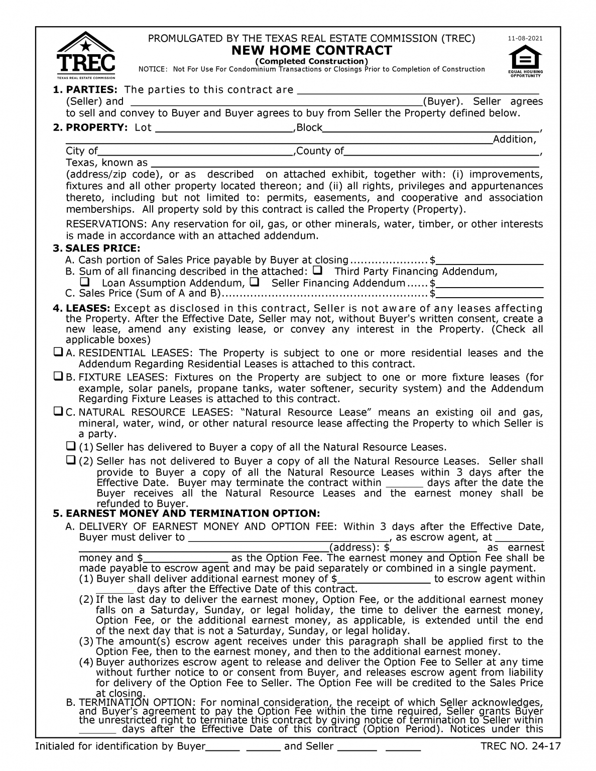Free Texas Residential Purchase and Sale Agreement - PDF | Word – eForms