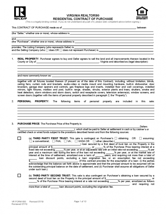 Free Virginia Residential Purchase and Sale Agreement - PDF | Word – eForms
