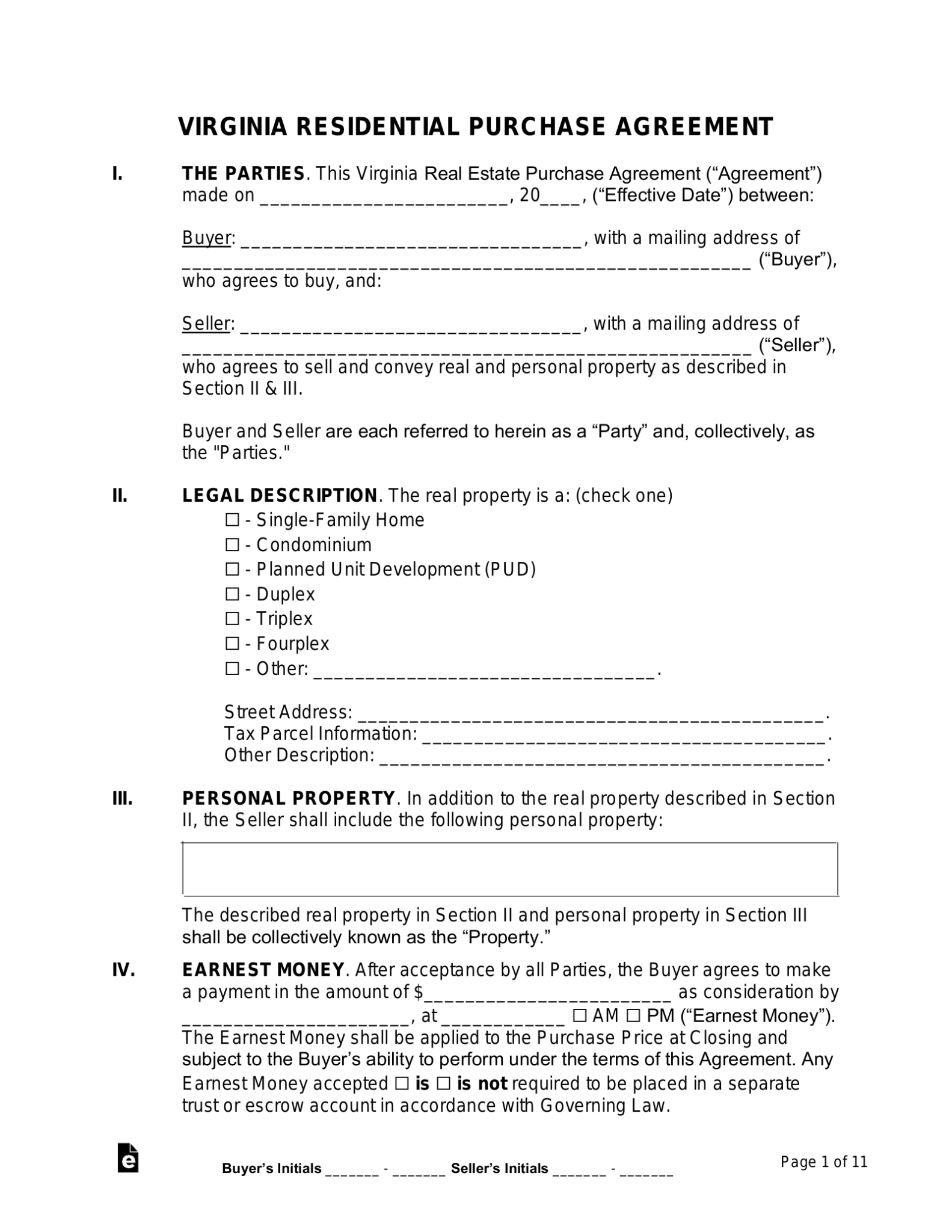 Free Virginia Residential Purchase Agreement Template - PDF | Word – eForms