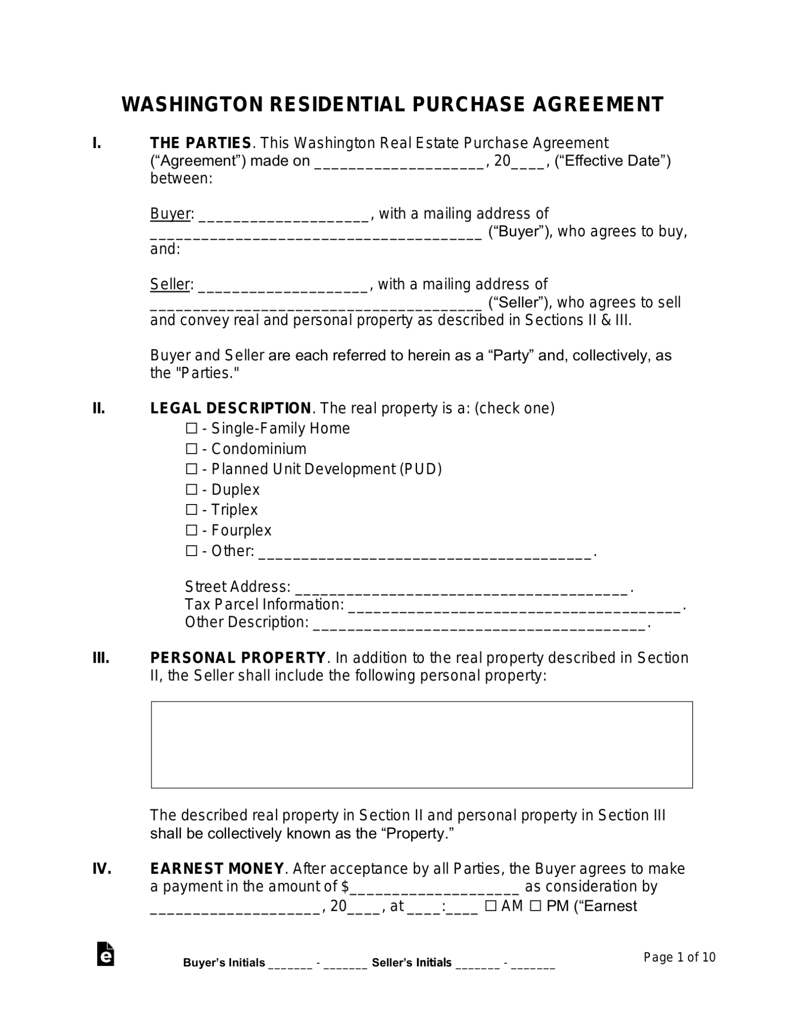 Free Washington Residential Purchase Agreement Template - PDF | Word ...
