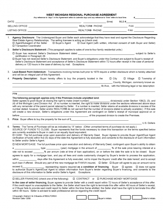 Free Michigan Residential Real Estate Purchase and Sale Agreement - PDF ...