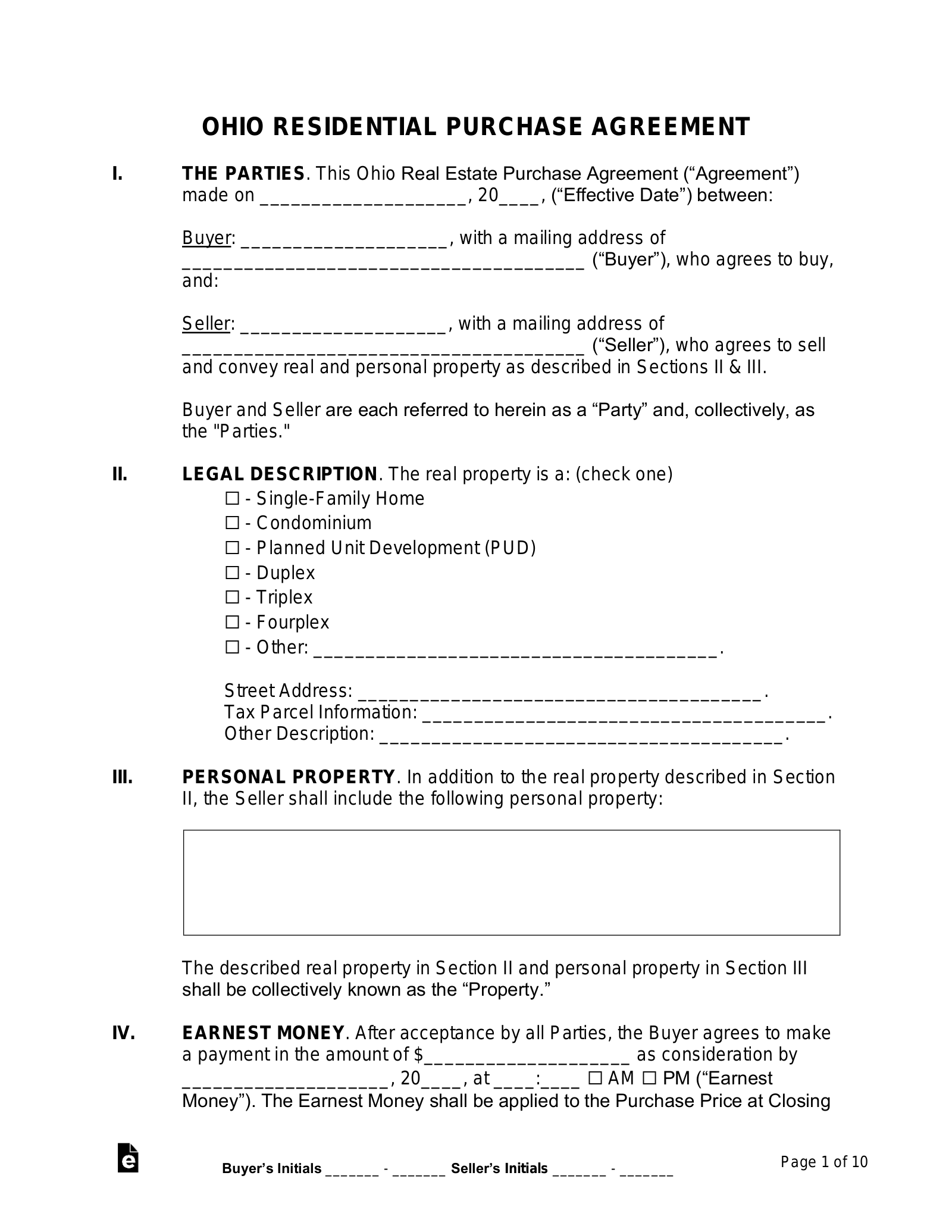 Free Ohio Residential Purchase And Sale Agreement PDF Word EForms