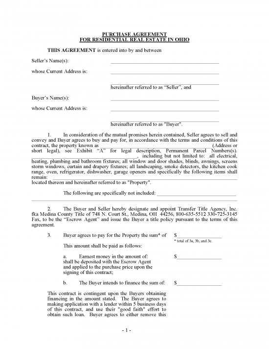 Free Ohio Residential Purchase and Sale Agreement - PDF | Word – eForms