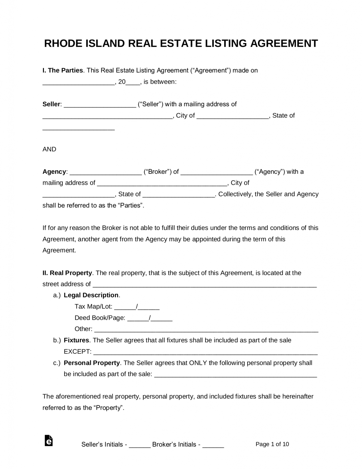 Free Rhode Island Real Estate Agent Listing Agreement - PDF | Word – eForms