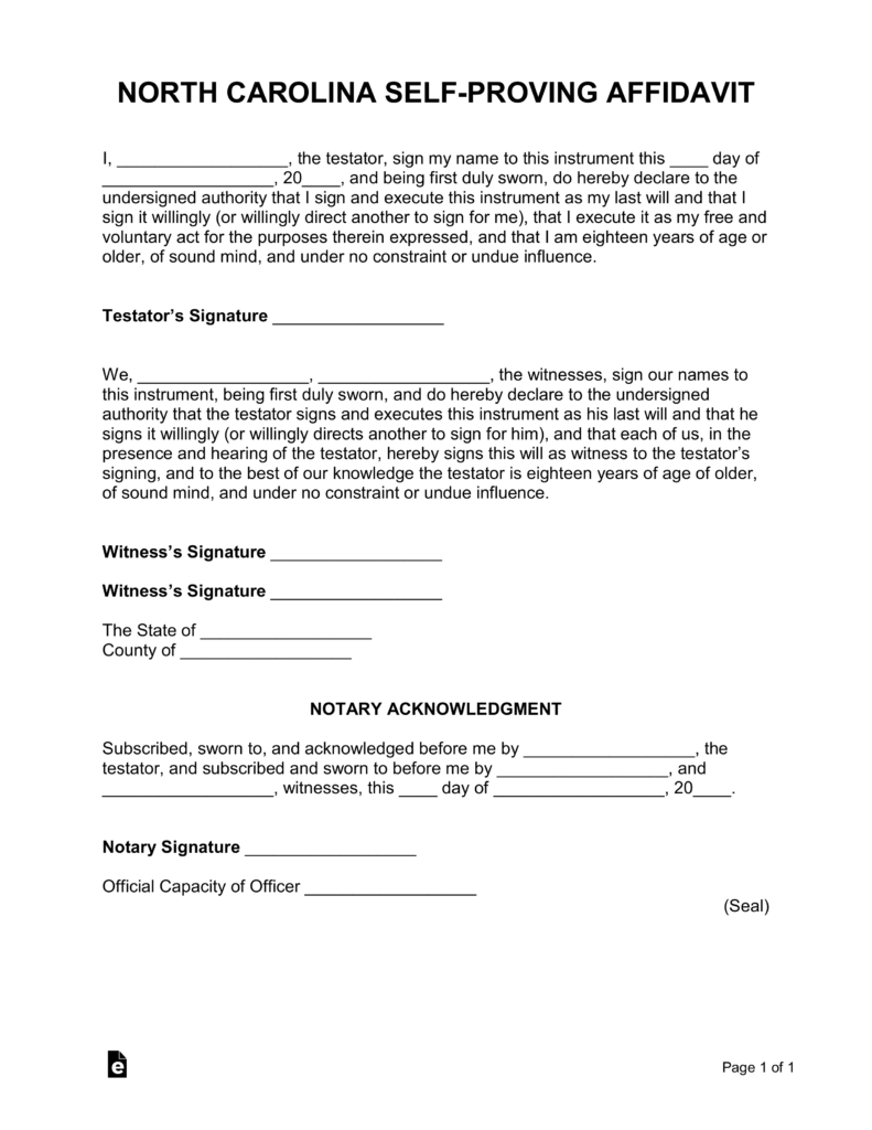 Free North Carolina Self-Proving Affidavit Form - PDF | Word – eForms