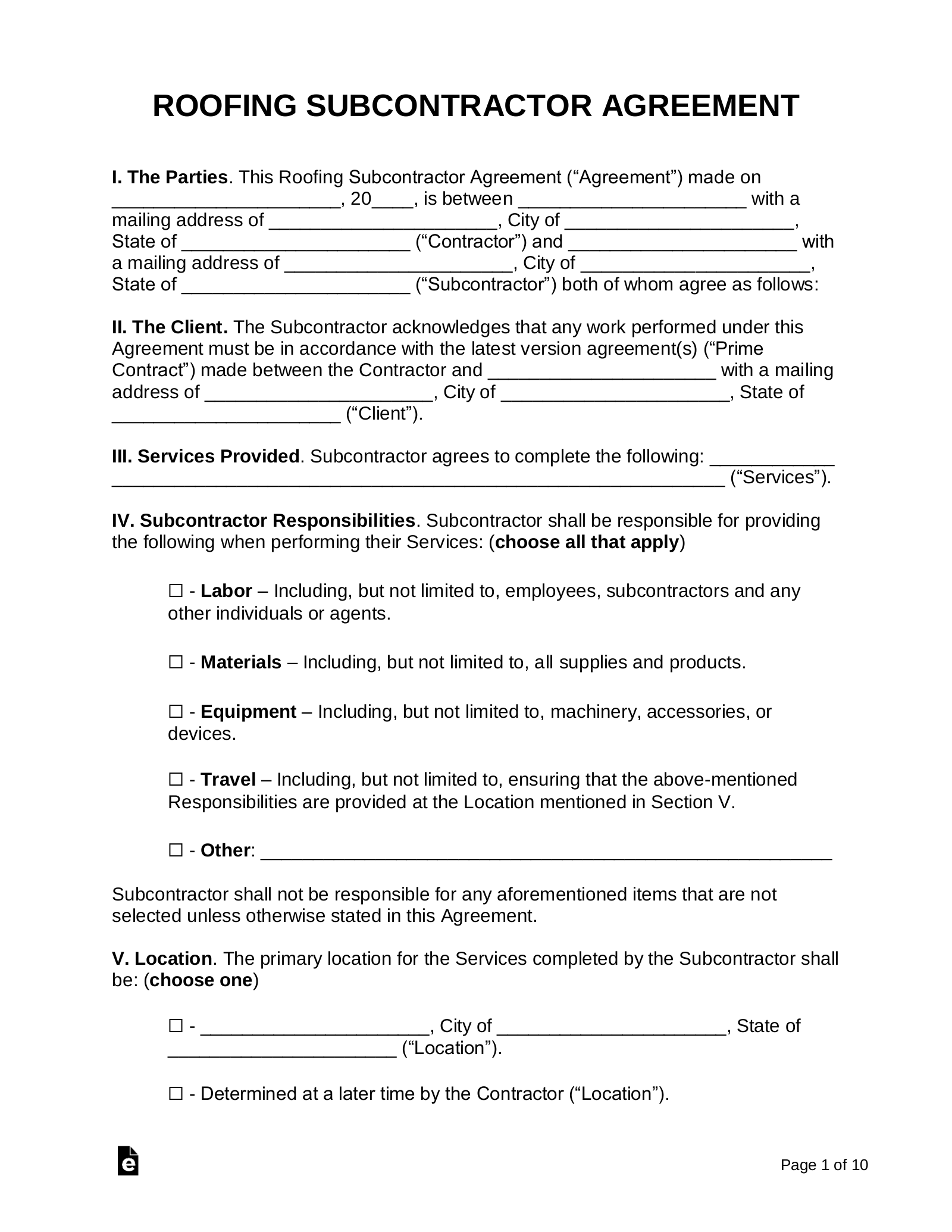 Free Roofing Subcontractor Agreement - PDF | Word – eForms