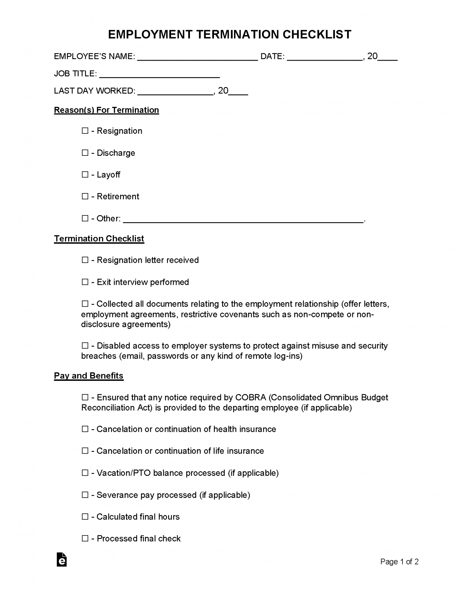 Free Employment Separation Agreement Template - PDF | Word – eForms