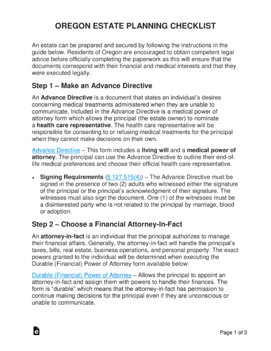 Free Oregon Estate Planning Checklist - PDF | Word – eForms