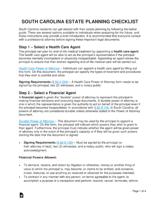 Free South Carolina Estate Planning Checklist - PDF | Word – eForms