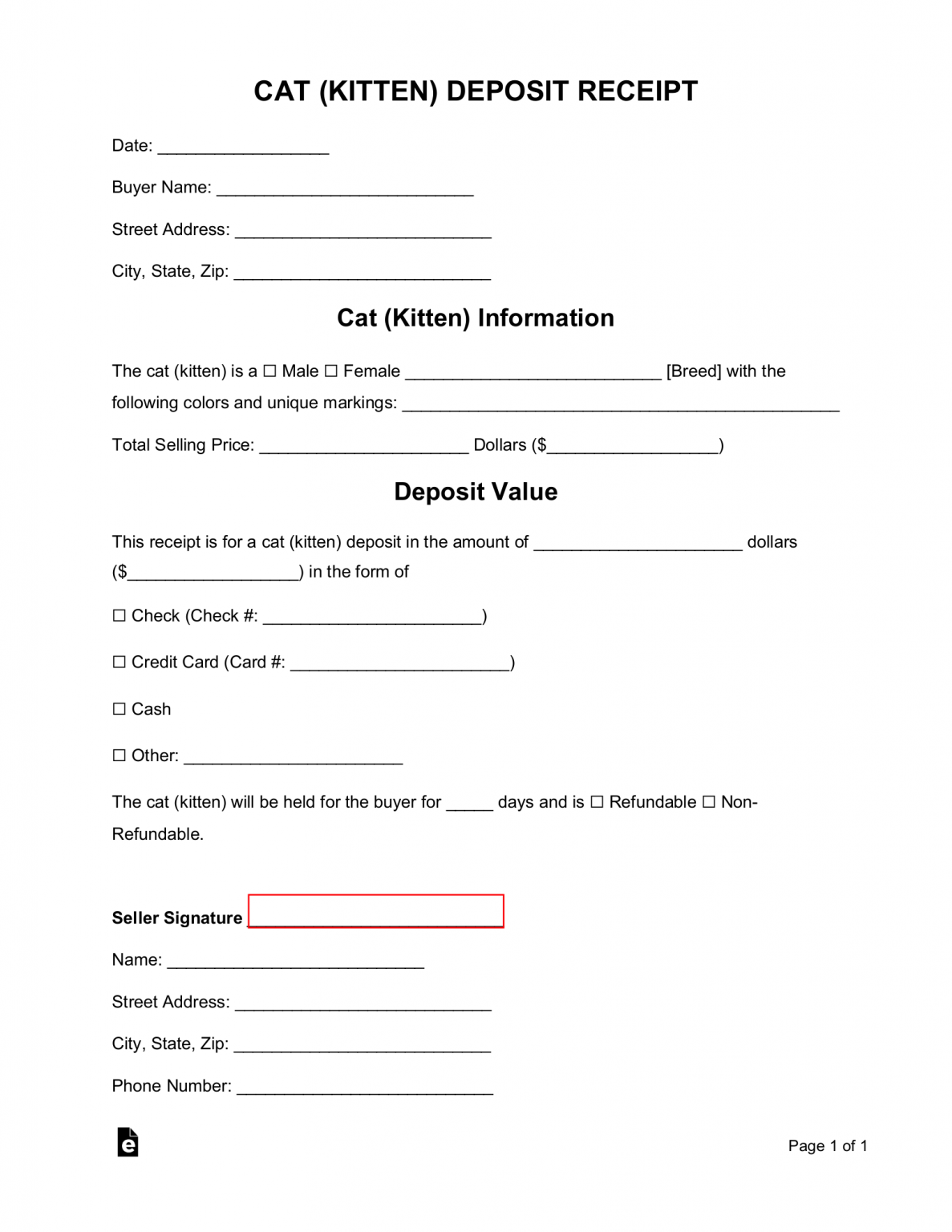 Free Cat (Kitten) Deposit Receipt Template - PDF | Word – eForms