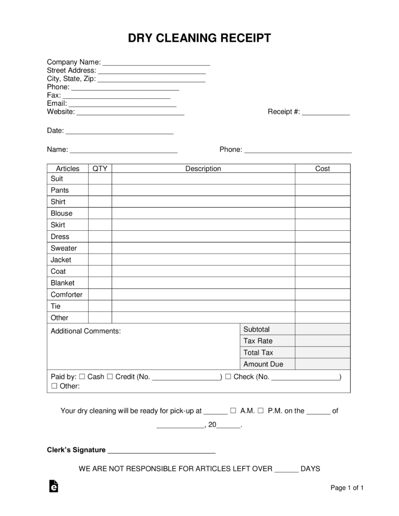 Free Dry Cleaning Receipt Template - Word | PDF | eForms