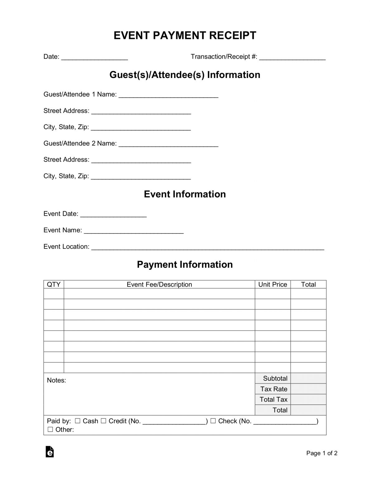 Free Event Payment Receipt Template - PDF | Word – eForms