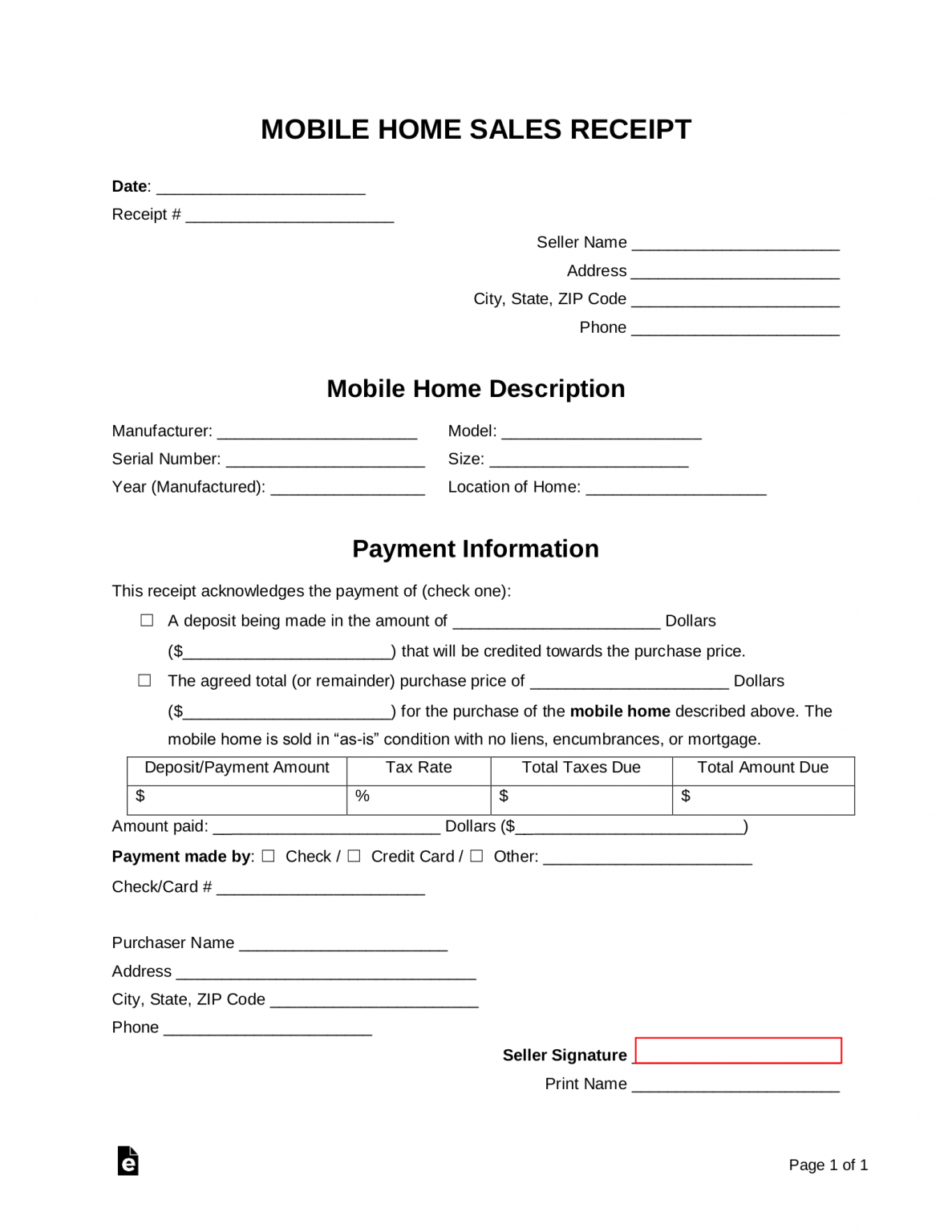 Free Mobile Home (Sale) Receipt Template - PDF | Word – eForms