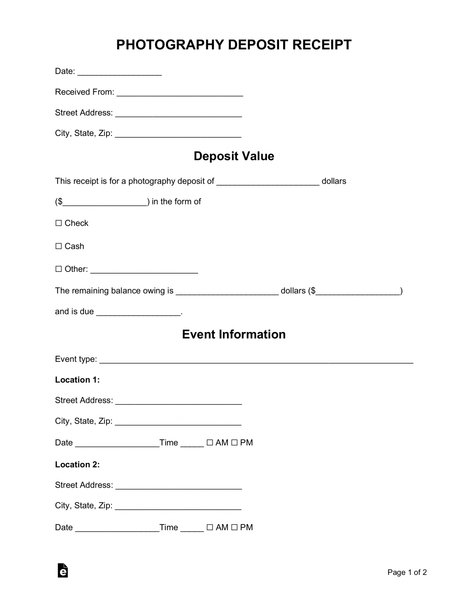 Free Photography Deposit Receipt Template - PDF | Word – eForms