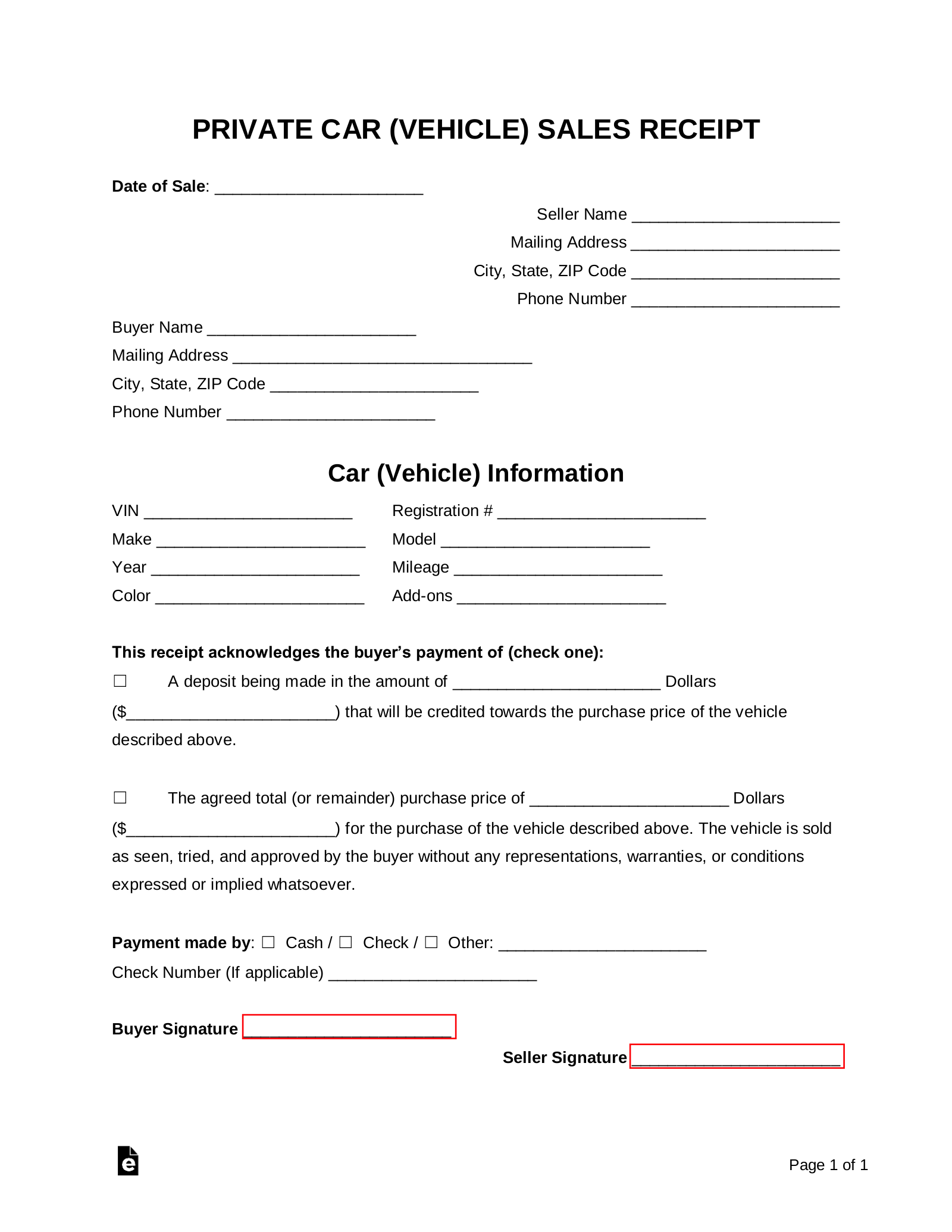 Free Vehicle Private Sale Receipt Template Pdf Word Eforms