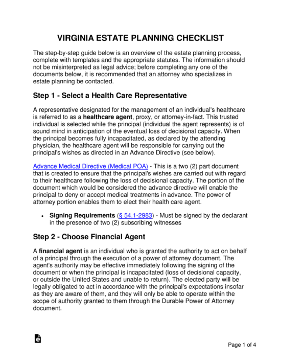 Free Virginia Estate Planning Checklist - PDF | Word – eForms