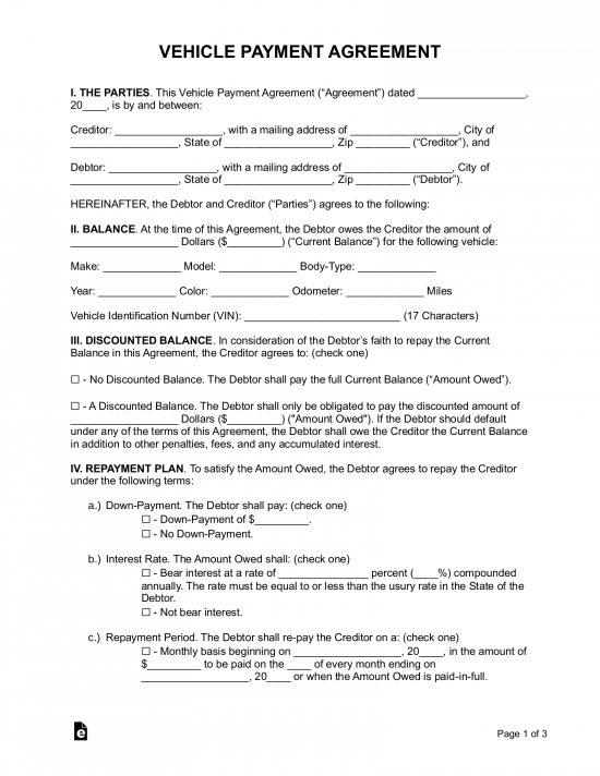 Free Vehicle Payment Plan Agreement - PDF | Word – eForms