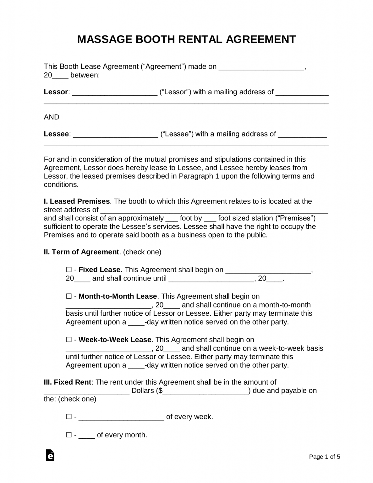 Free Massage Therapist (Booth) Rental Agreement - PDF | Word – eForms