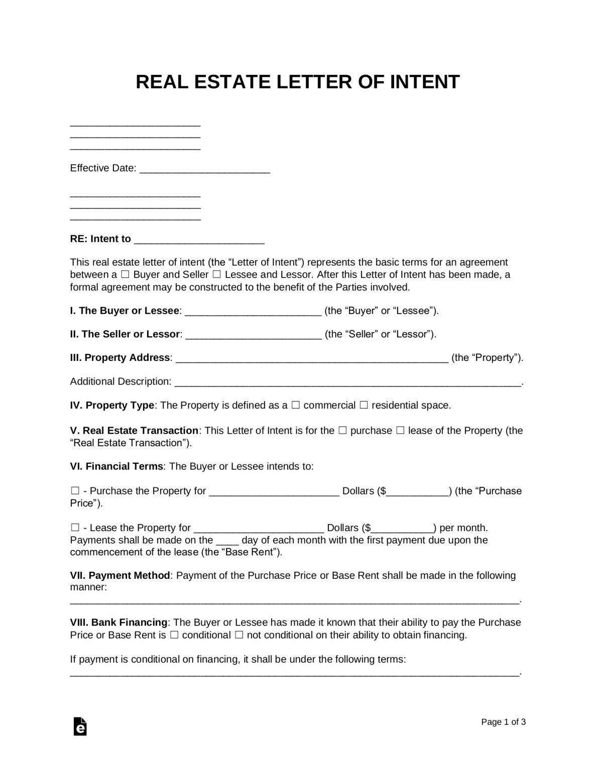 Free Real Estate Letter of Intent (LOI) | Purchase or Lease - PDF ...