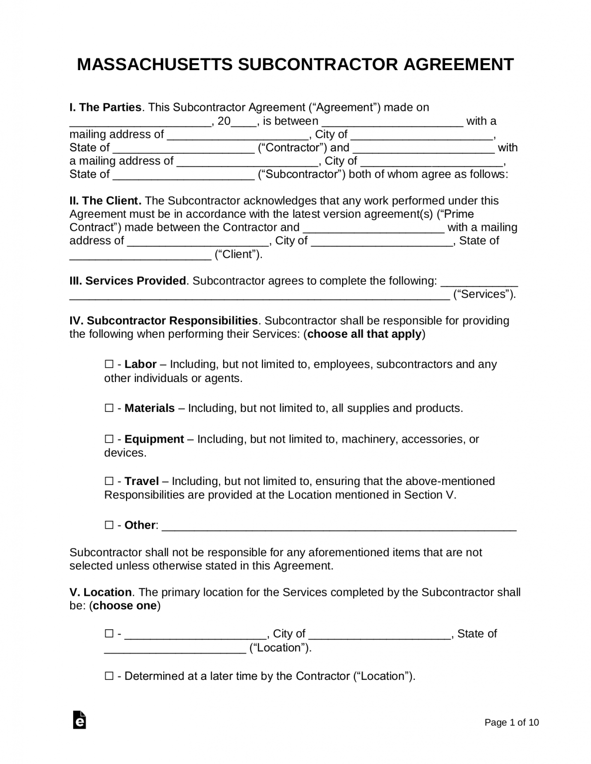 Free Massachusetts Subcontractor Agreement - PDF | Word – eForms