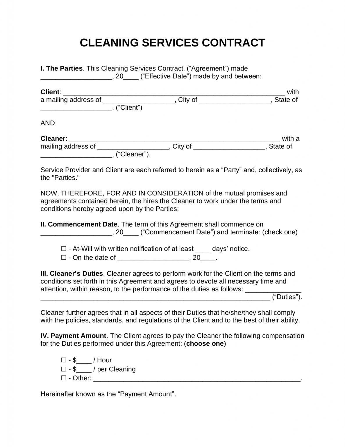 Free Cleaning Service Contract Template - PDF | Word – eForms