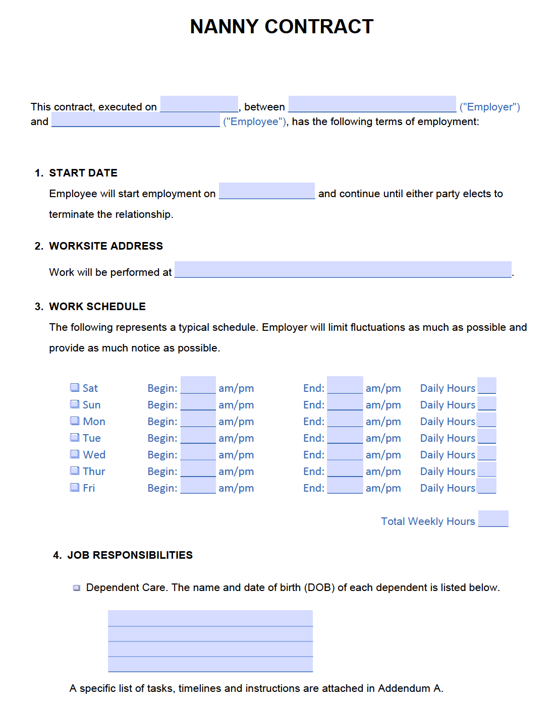 Free Nanny Contract Template - Samples - PDF | Word – eForms