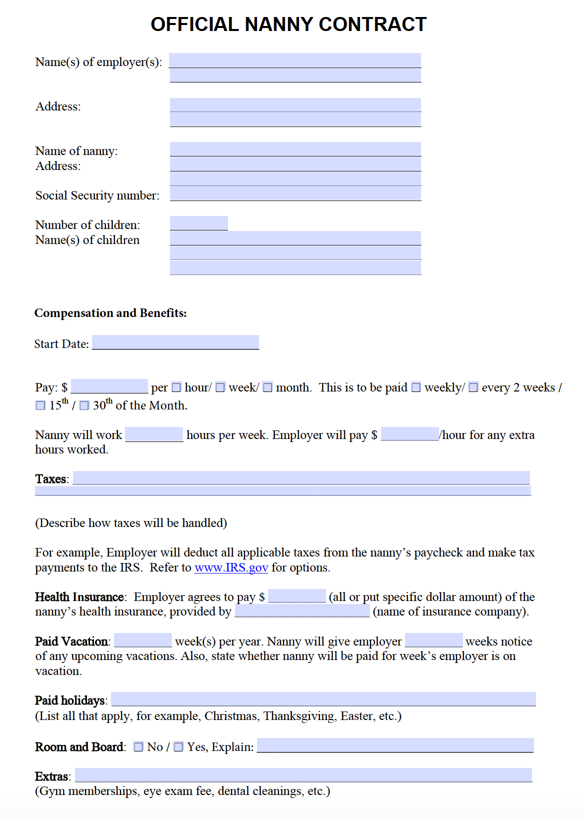 Free Nanny Contract Template - Samples - PDF | Word – eForms