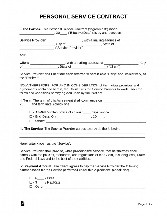 Free Personal Service Contract Template - PDF | Word – eForms