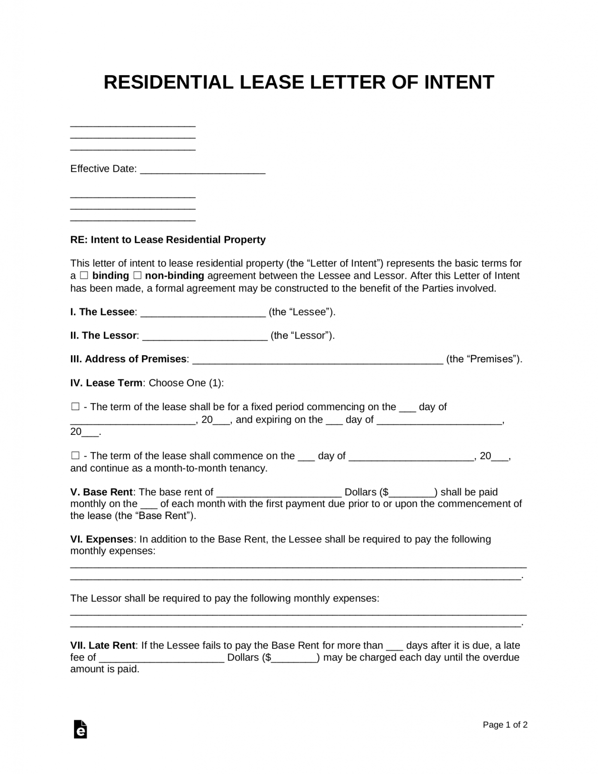 Free Letter of Intent to Lease Residential Property - PDF | Word – eForms