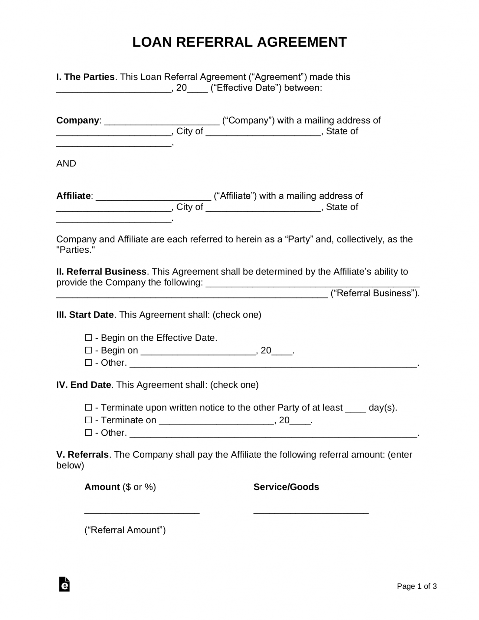 Free Loan Referral Agreement - PDF | Word – eForms