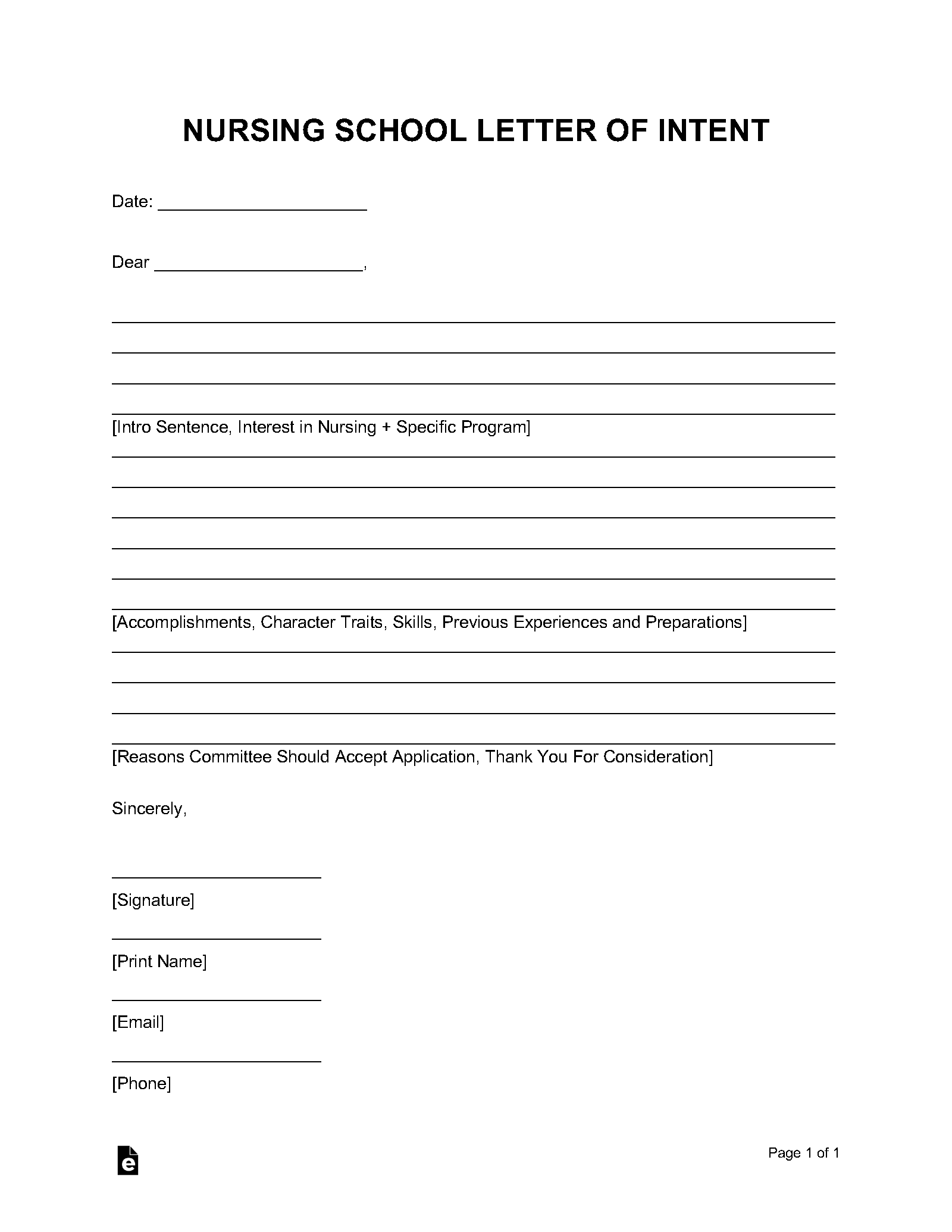 Free Nursing School Letter Of Intent Word PDF EForms