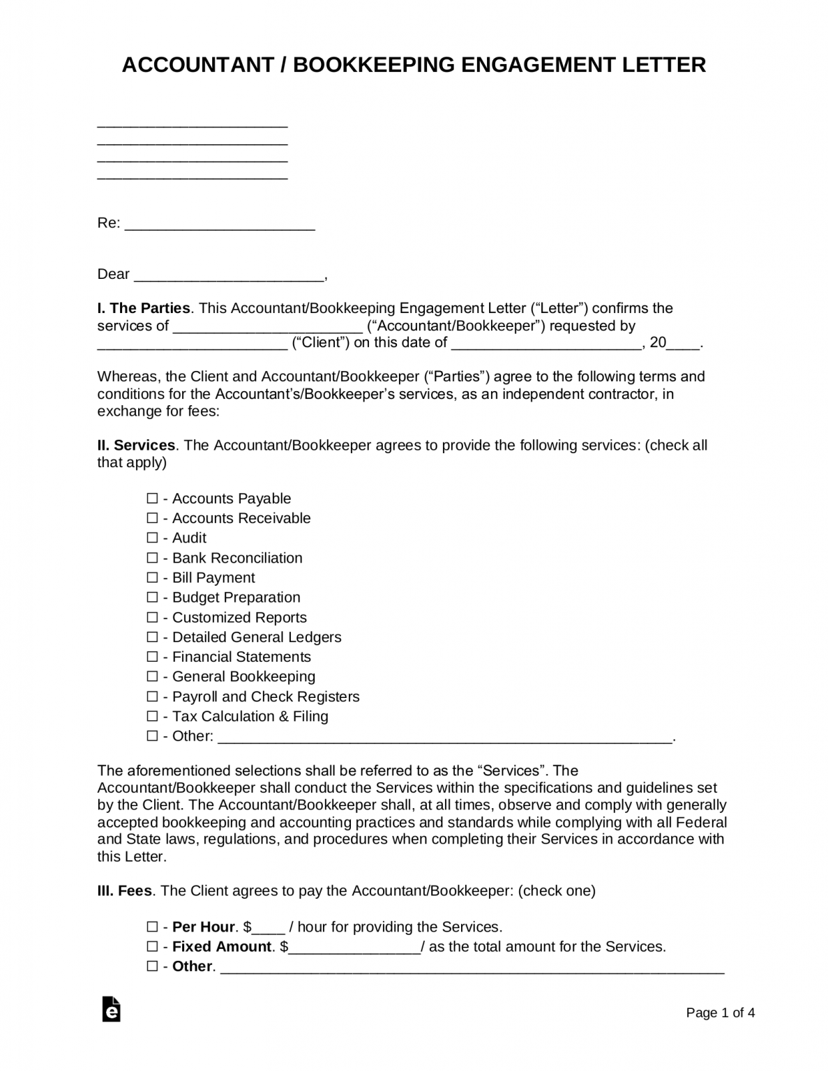 Free Accountant Bookkeeping Engagement Letter Template Sample PDF 