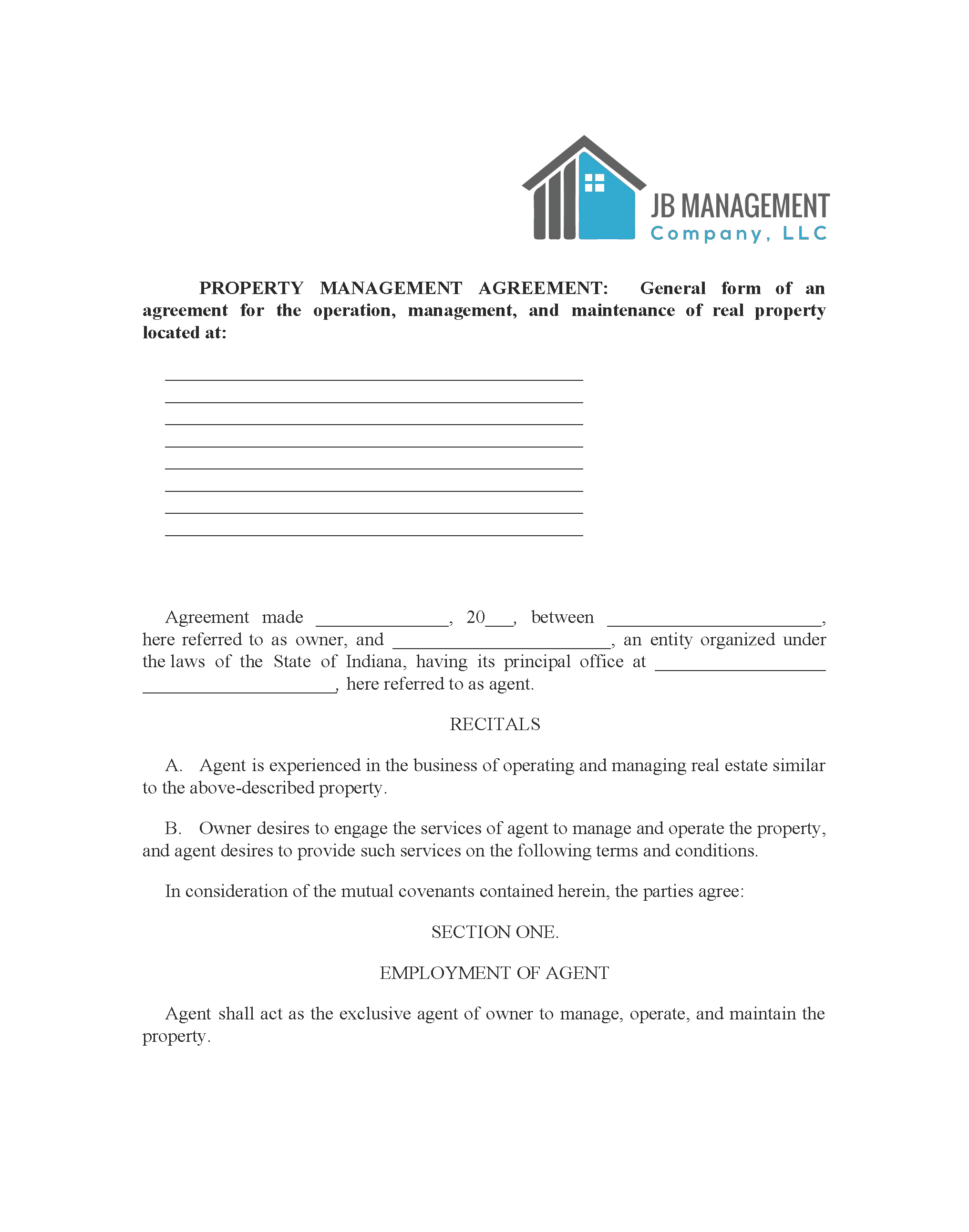Free Indiana Property Management Agreement | Commercial & Residential ...