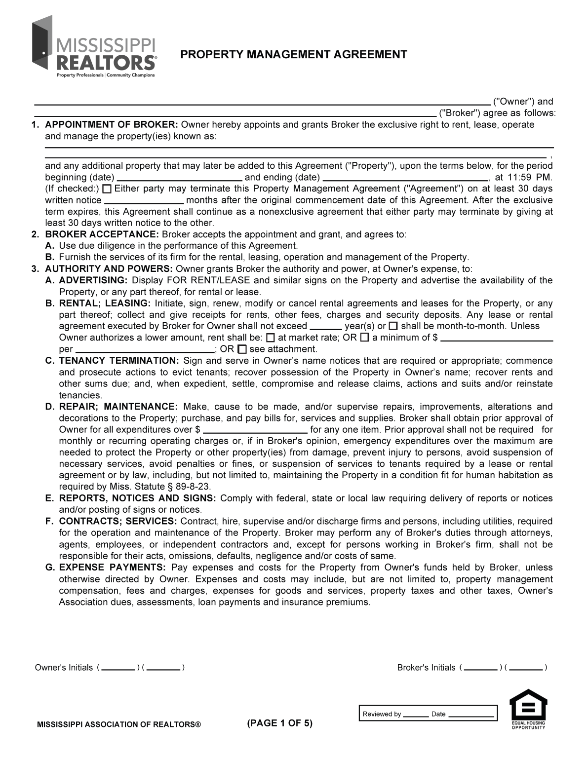 Free Mississippi Property Management Agreement | Commercial ...