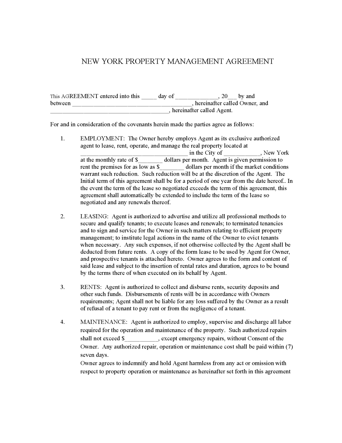 Free New York Property Management Agreement | Commercial & Residential ...