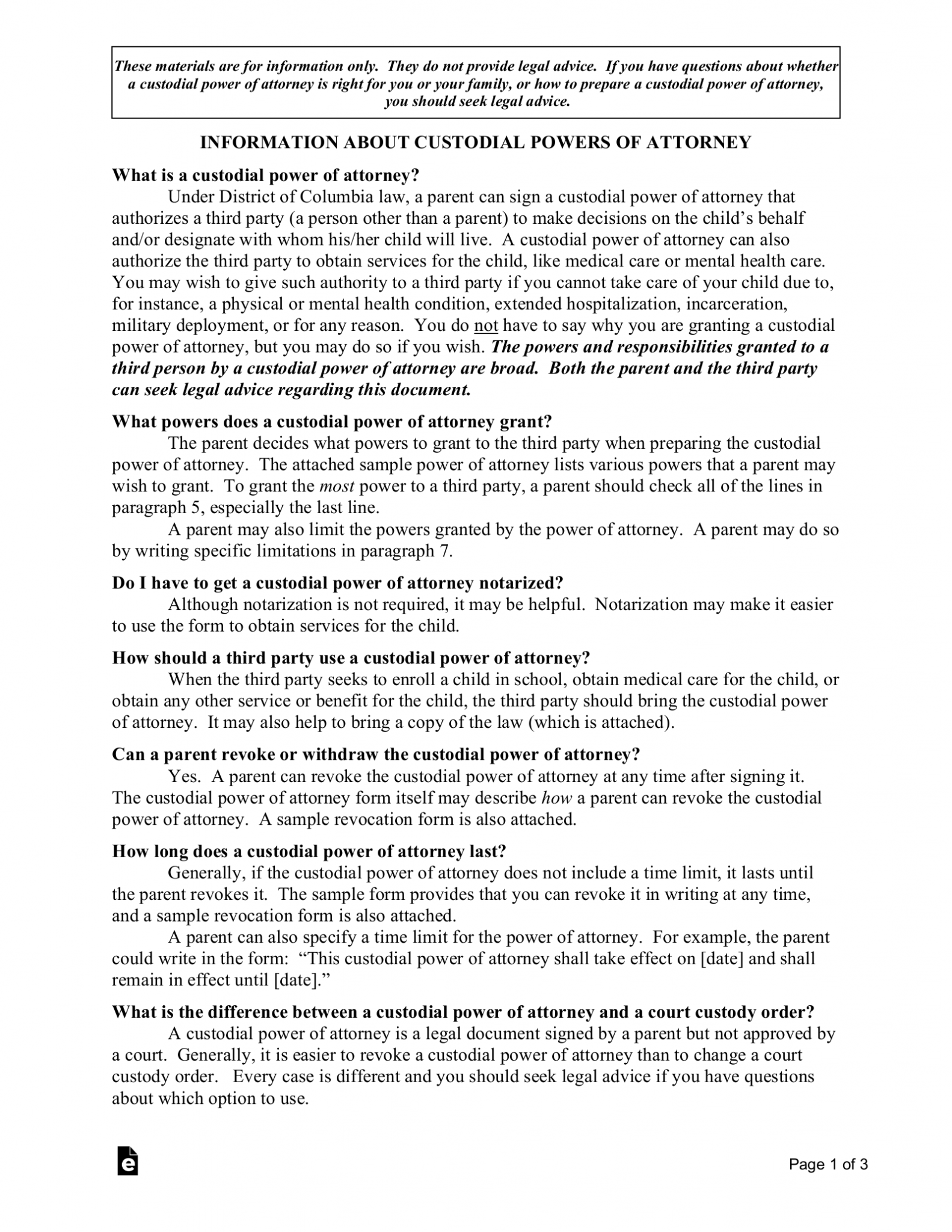 Free Washington D.C. Minor (Child) Power of Attorney Form - PDF | Word – eForms