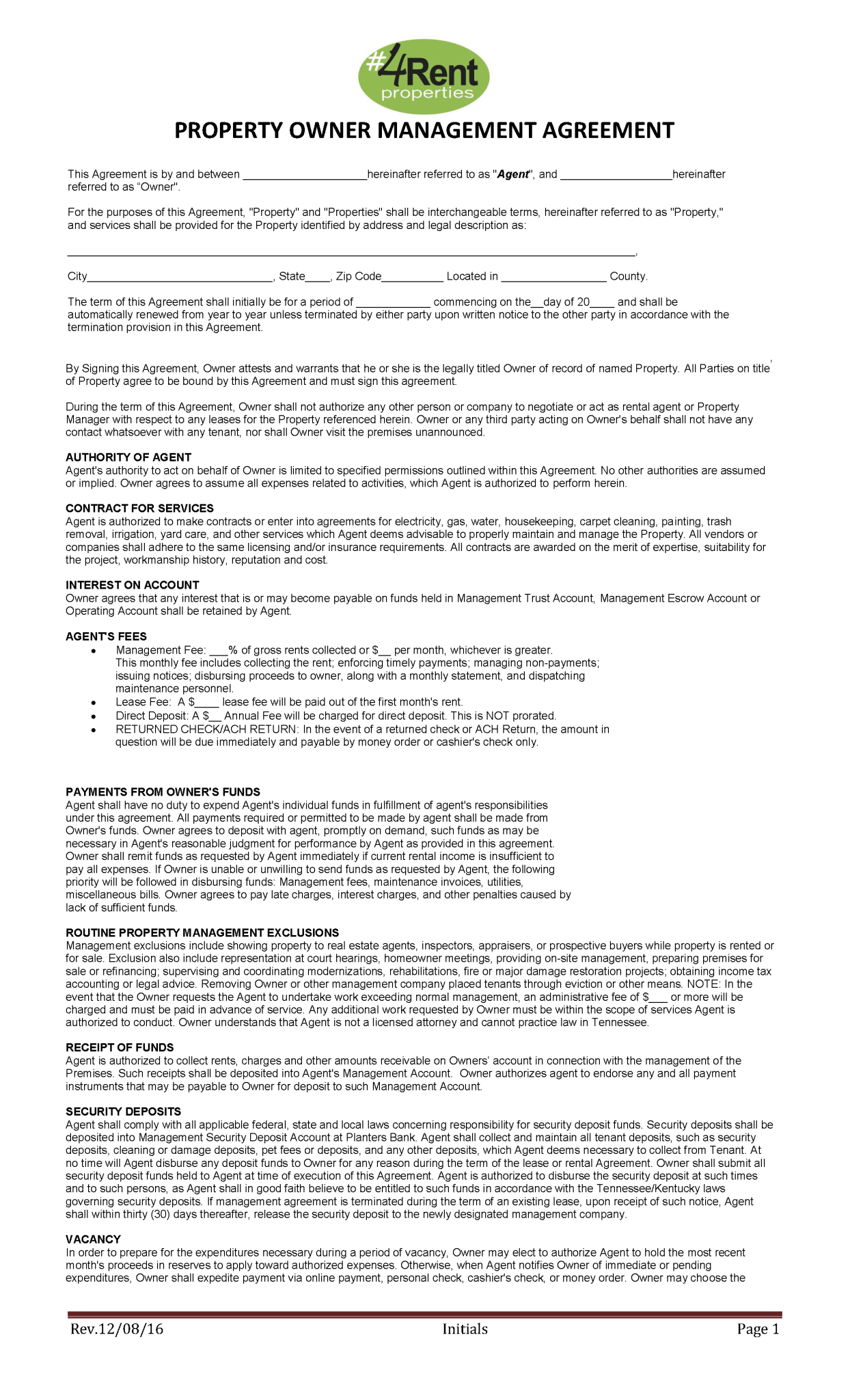Free Tennessee Property Management Agreement | Commercial & Residential ...