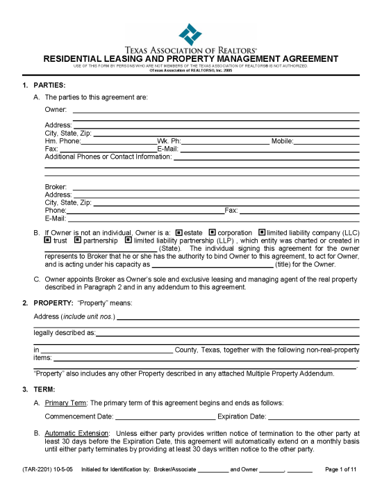 Free Texas Property Management Agreement | Commercial & Residential ...