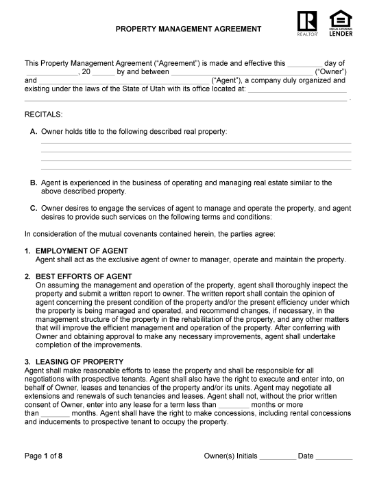 Free Utah Property Management Agreement | Commercial & Residential ...