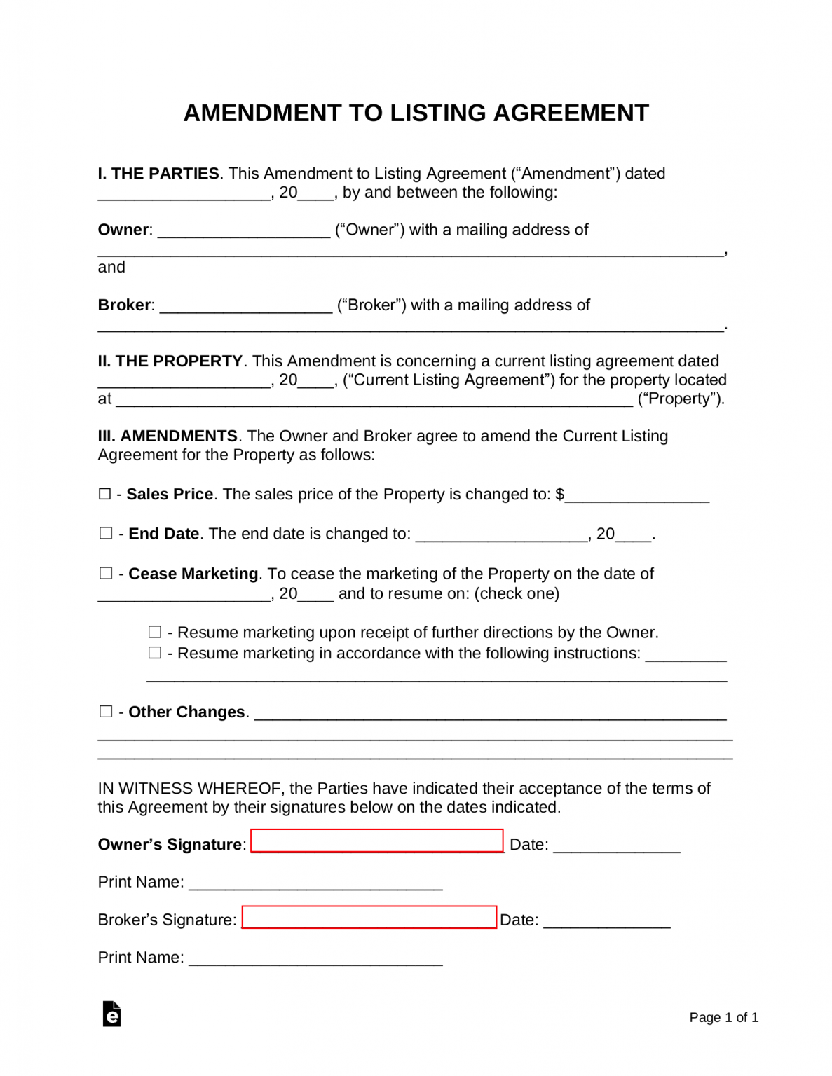 Free Amendment To Listing Agreement PDF Word EForms