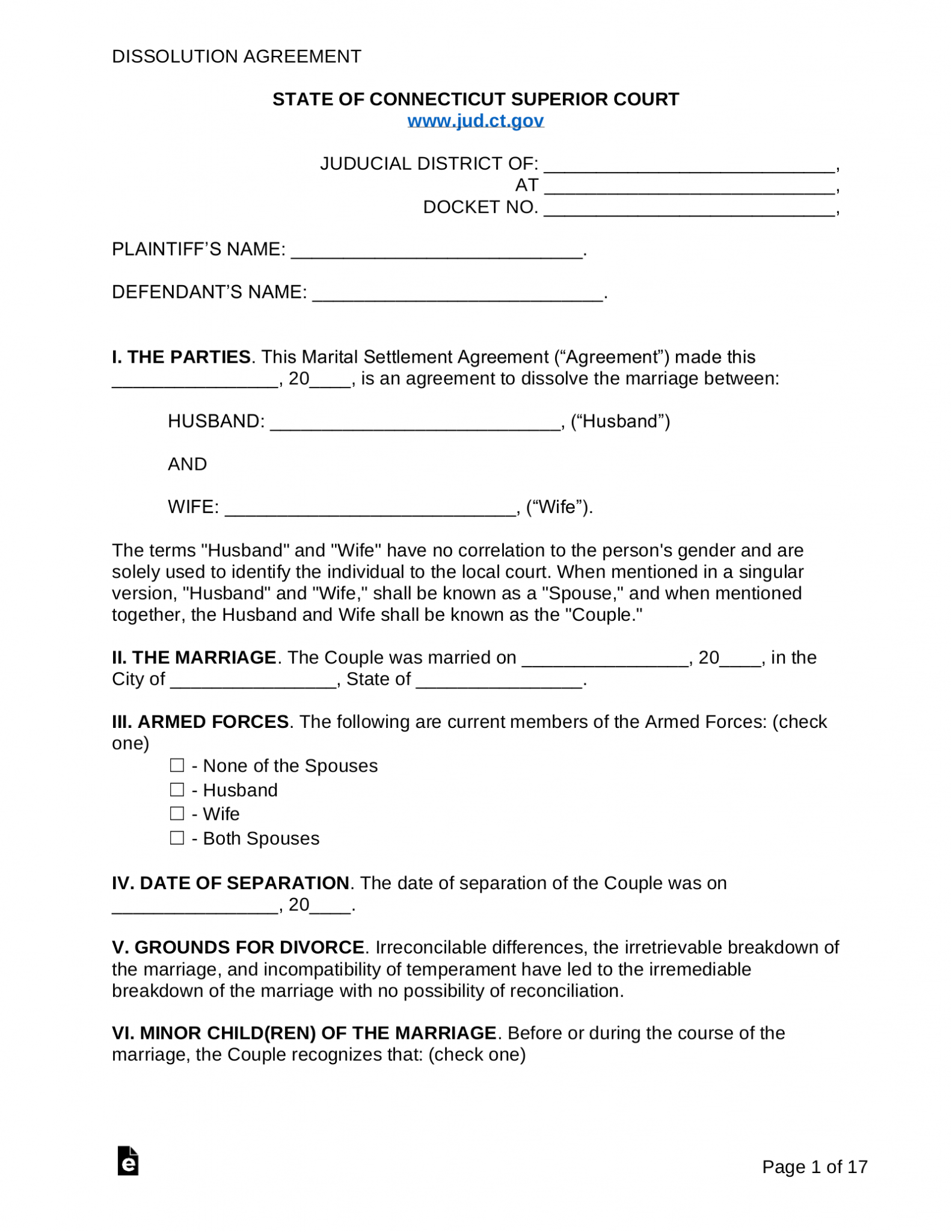 Free Connecticut Separation Agreement Template - PDF | Word – eForms