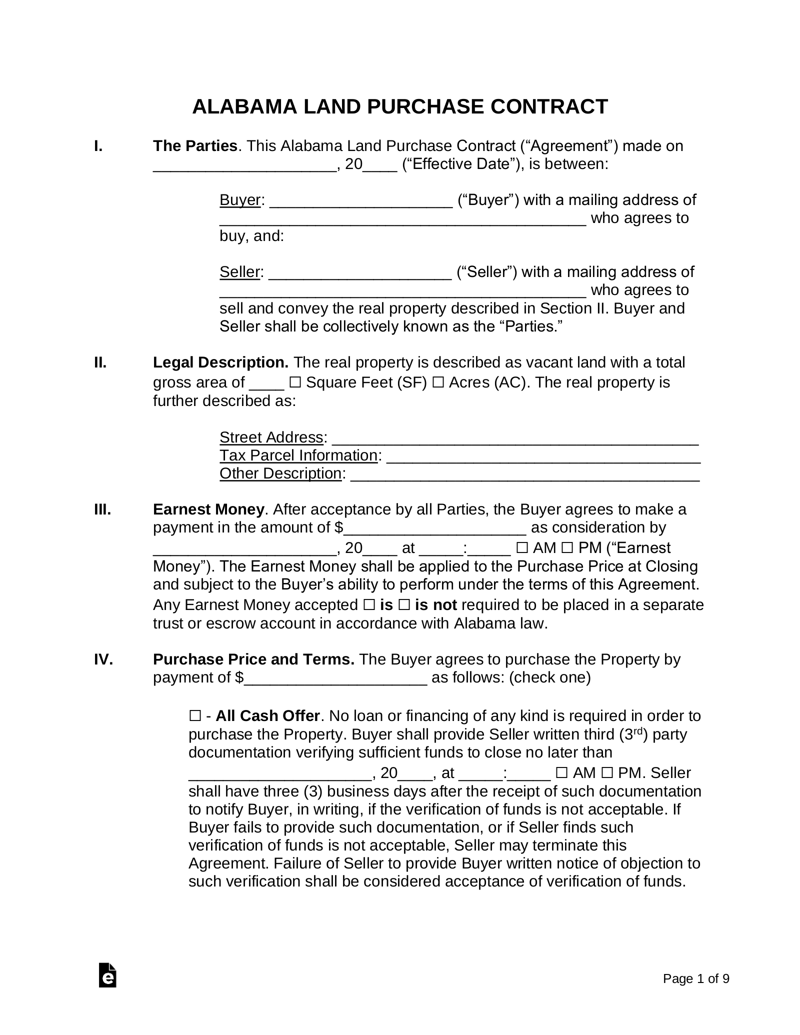 Free Alabama Land Contract Template Pdf Word Eforms