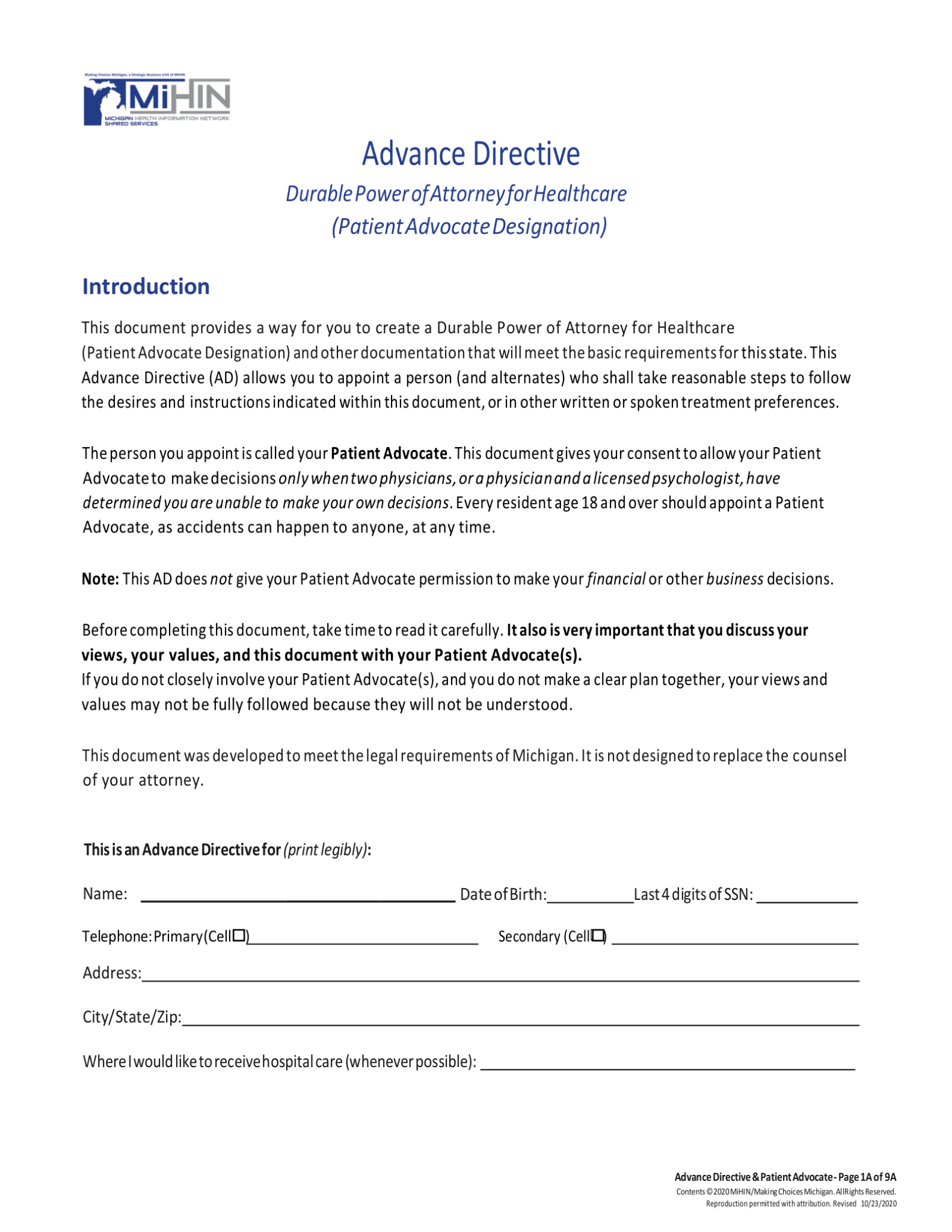 Free Michigan Advance Directive Form - PDF – eForms