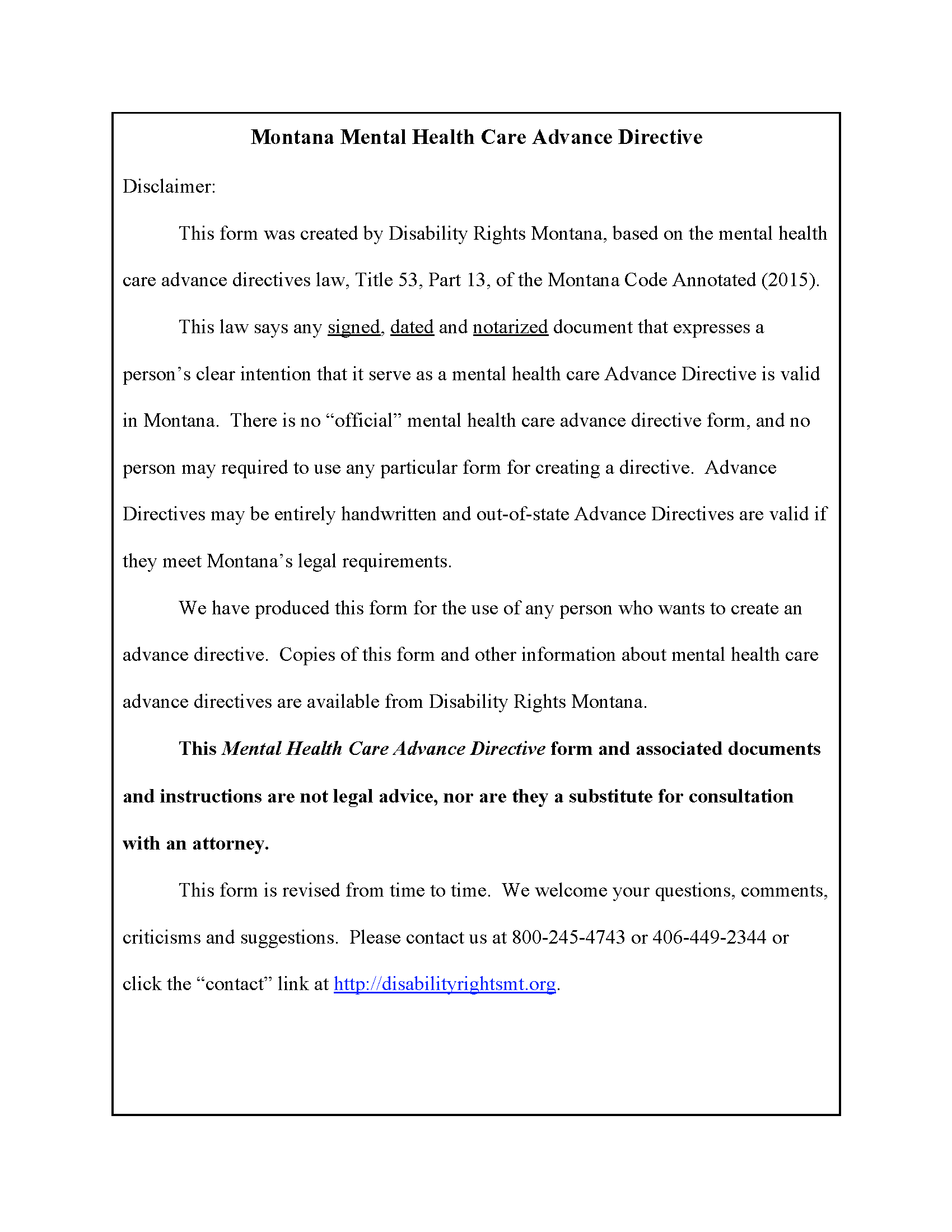 Free Montana Advance Directive Form - PDF – eForms