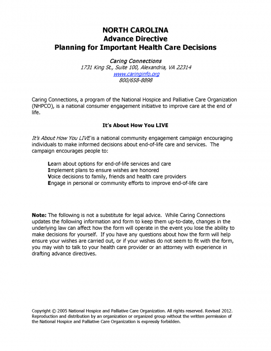 Free North Carolina Advance Directive Form - PDF – eForms