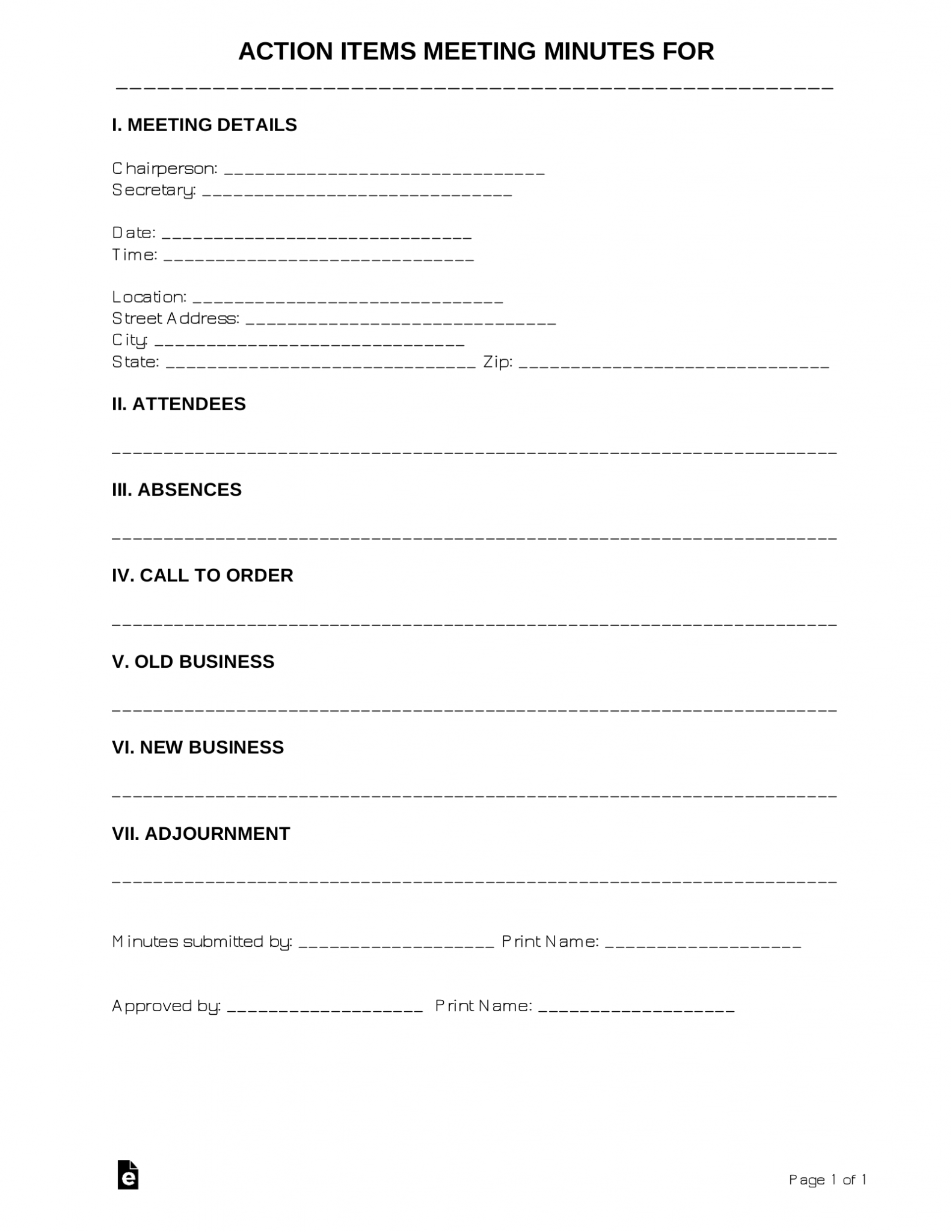 Free Action Items Meeting Minutes Template Sample PDF Word EForms