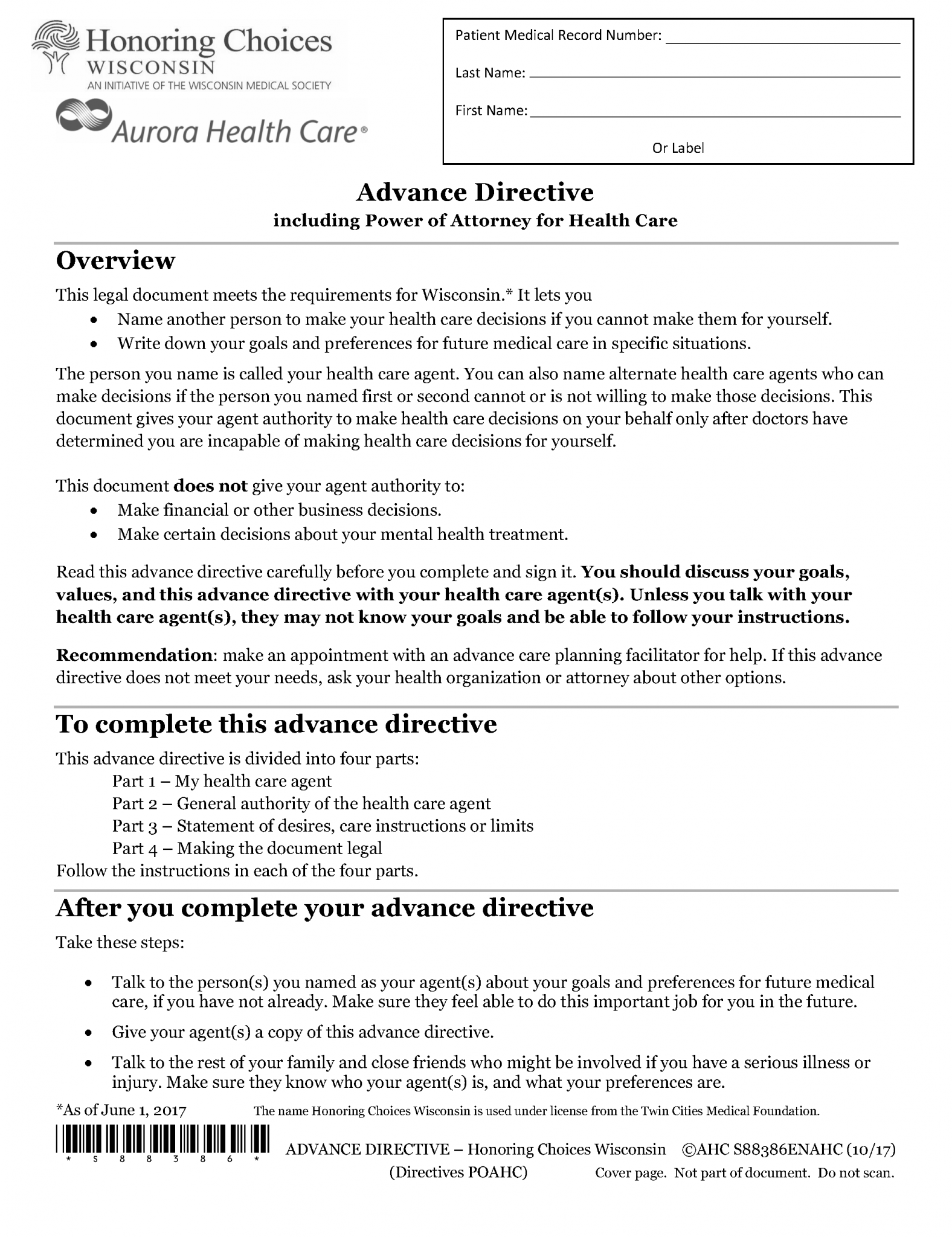 Free Wisconsin Advance Directive Form - PDF – eForms
