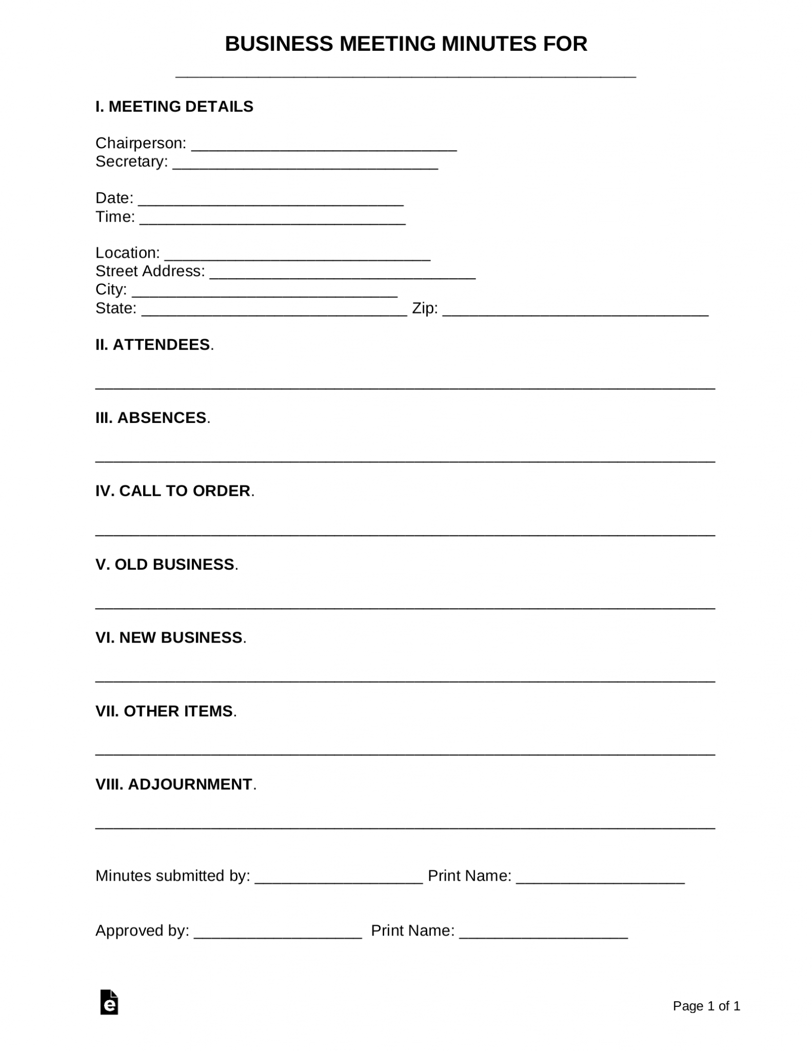 Free Business Meeting Minutes Template Sample PDF Word EForms