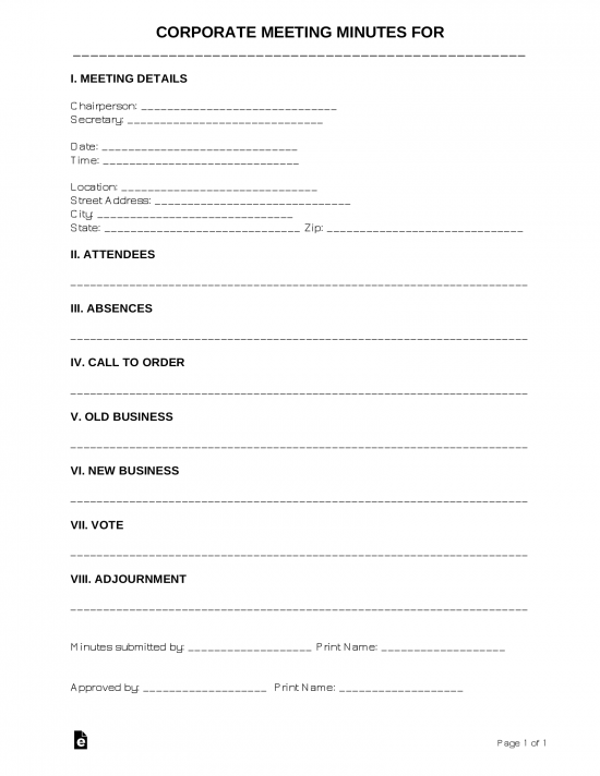 Free Corporate Meeting Minutes Template Sample Word PDF EForms