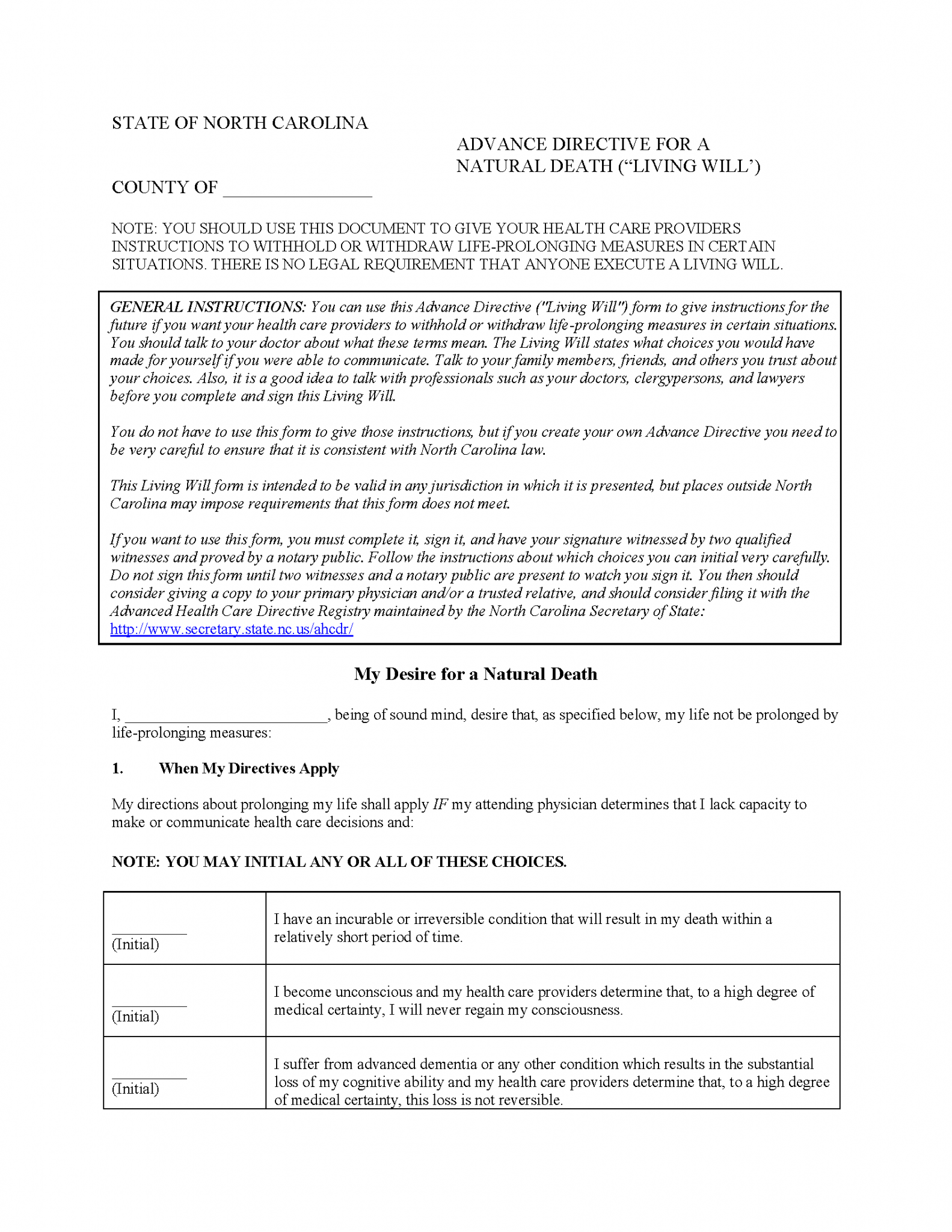 Free North Carolina Advance Directive Form - PDF – eForms